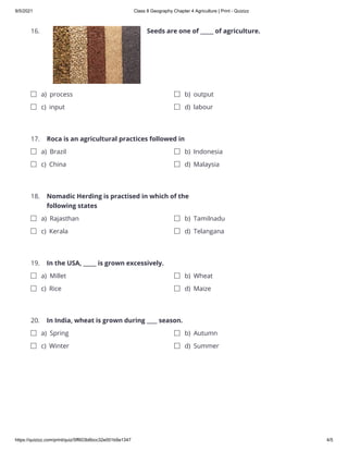 Class 8 geography chapter 4 agriculture quizizz | PDF
