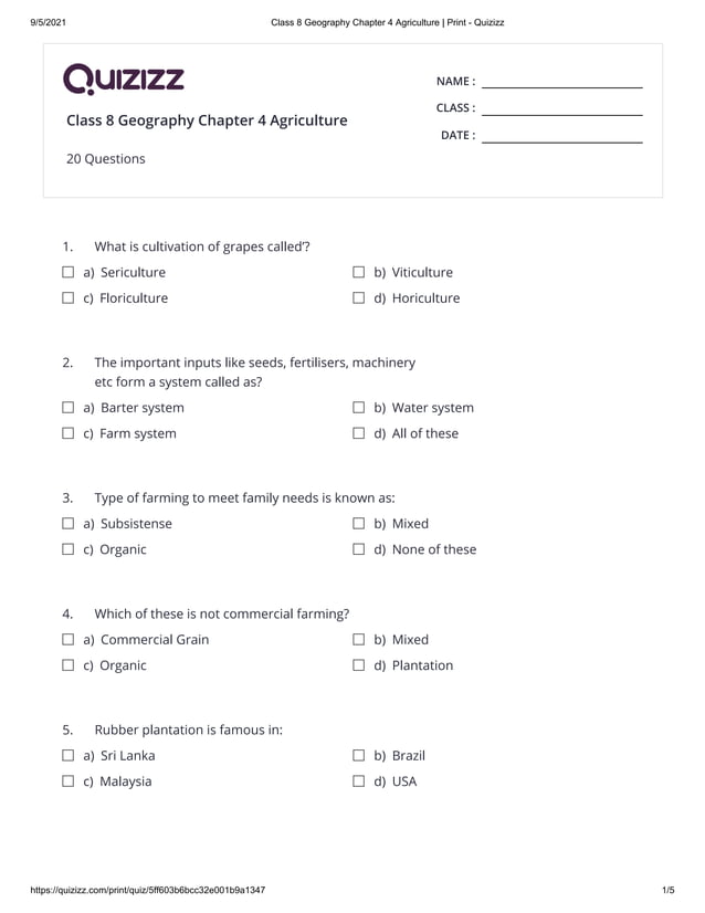 Class 8 geography chapter 4 agriculture quizizz | PDF