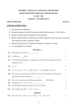 Class 8 Sample Paper SA 2 Maths database | PDF