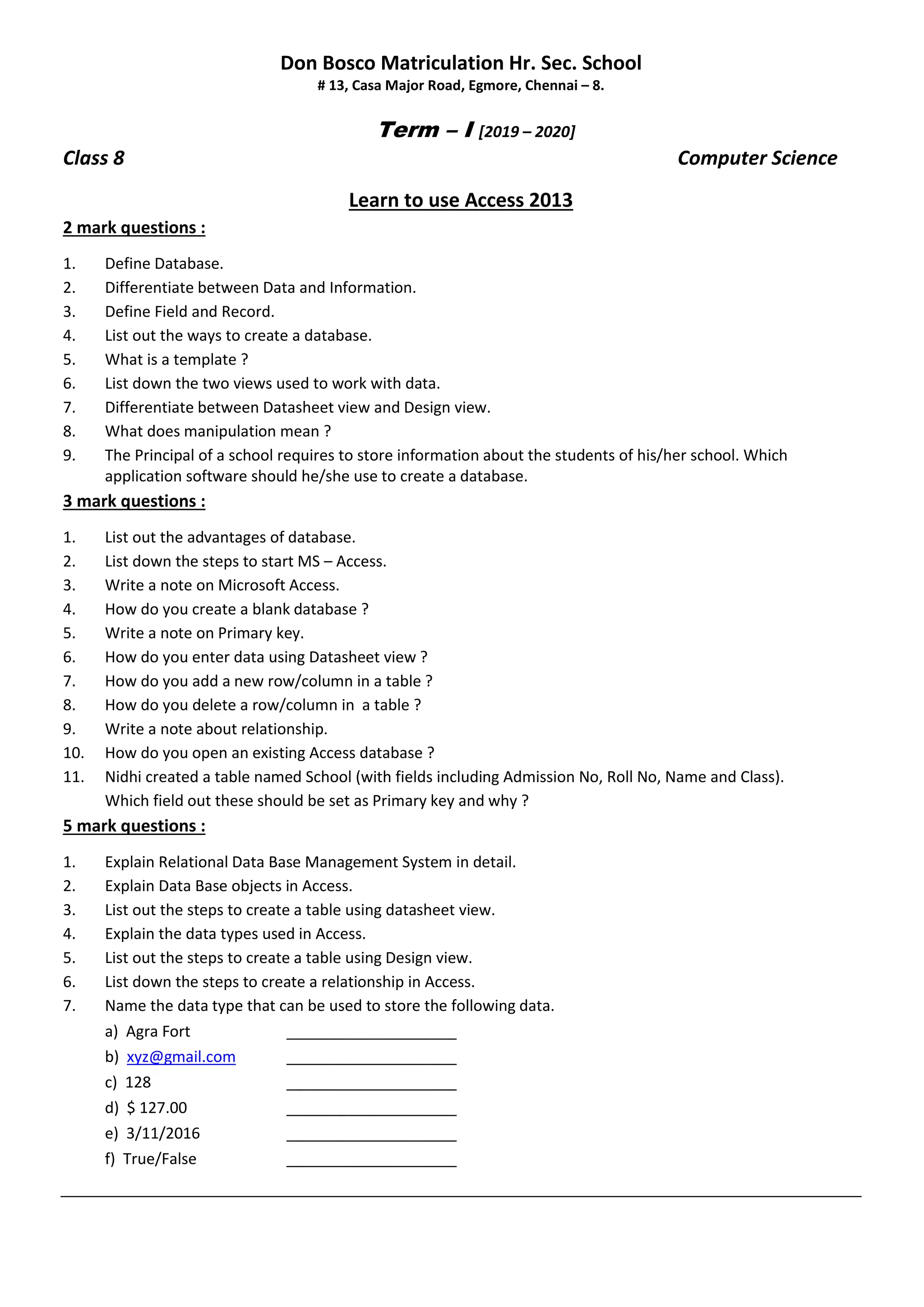Computer Science Class 8 Term 1 201920 Pdf 