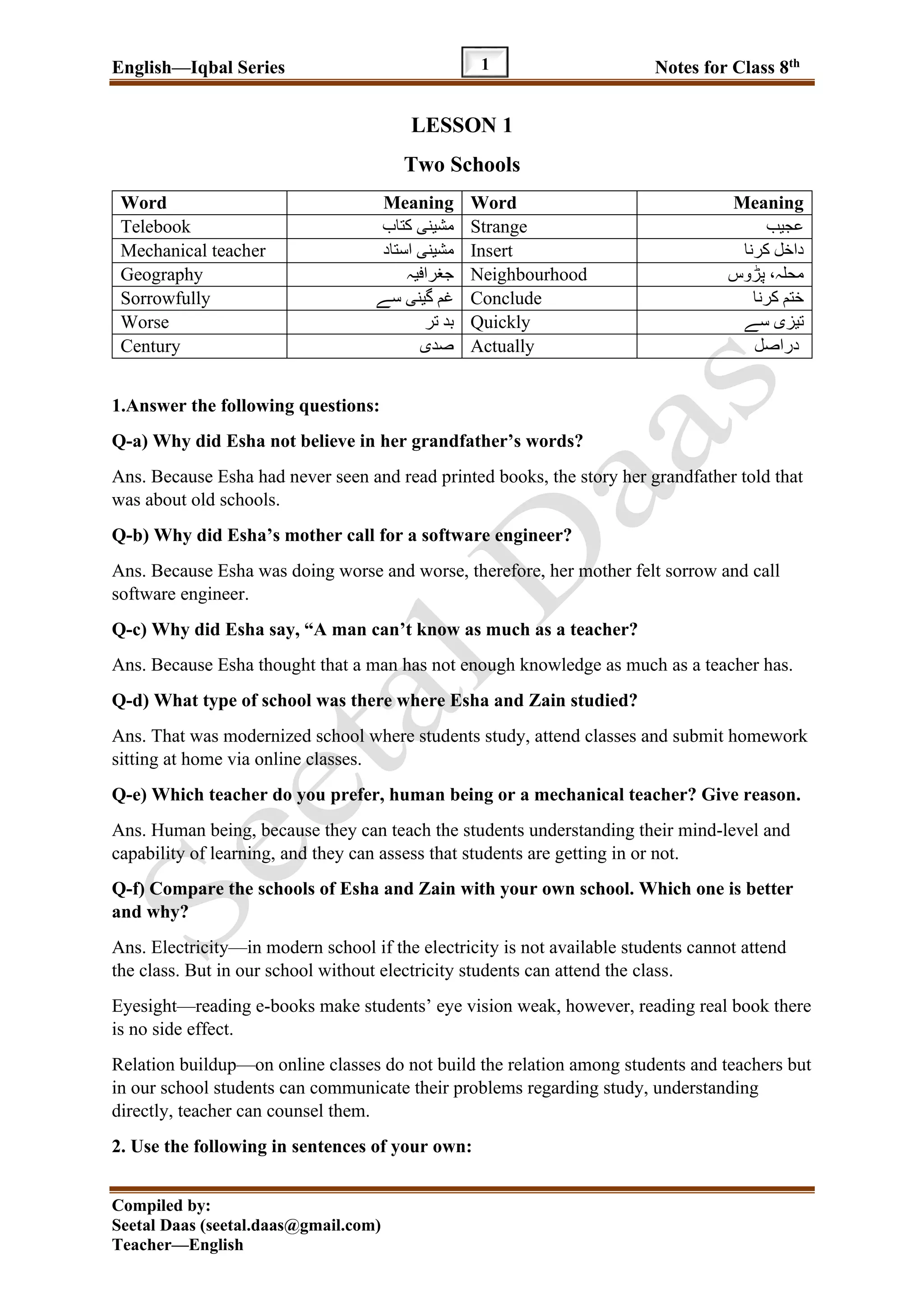 Iqbal Series English for Class 8th (solved) | PDF