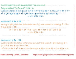Class 9_Chapter 2_Polynomials_Lecture 6 (Quadratic trinomials or splitting the middle term) | PDF