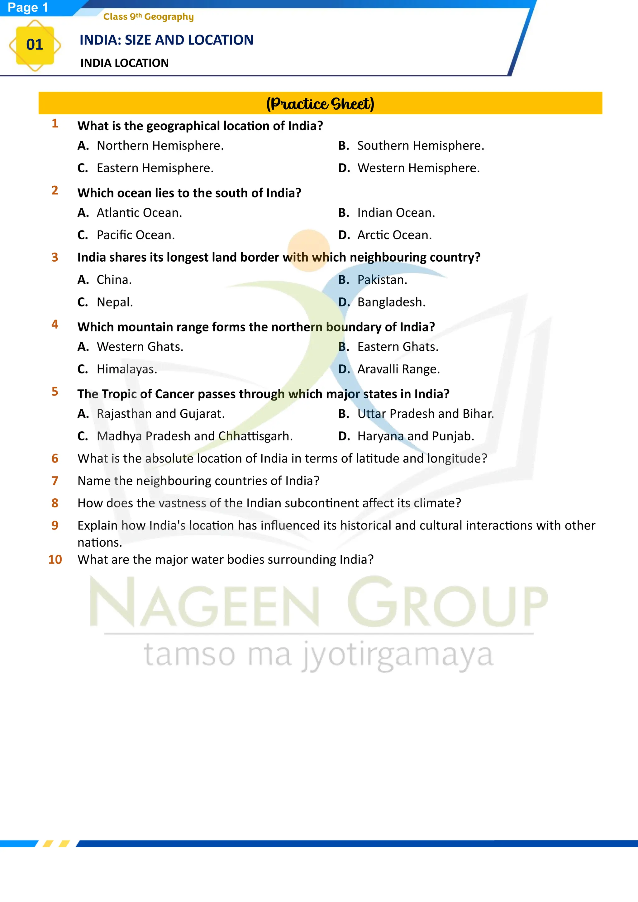 Class 9 Geography Chapter Wise Topic Wise Notes Chapter 1 India Size ...