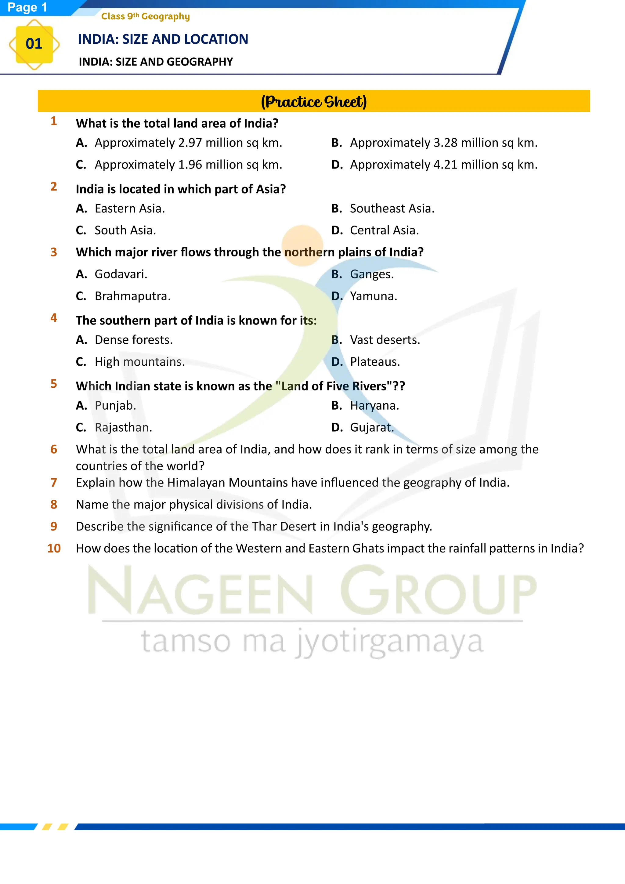 Class 9 Geography Chapter Wise Topic Wise Notes Chapter 1 India Size ...