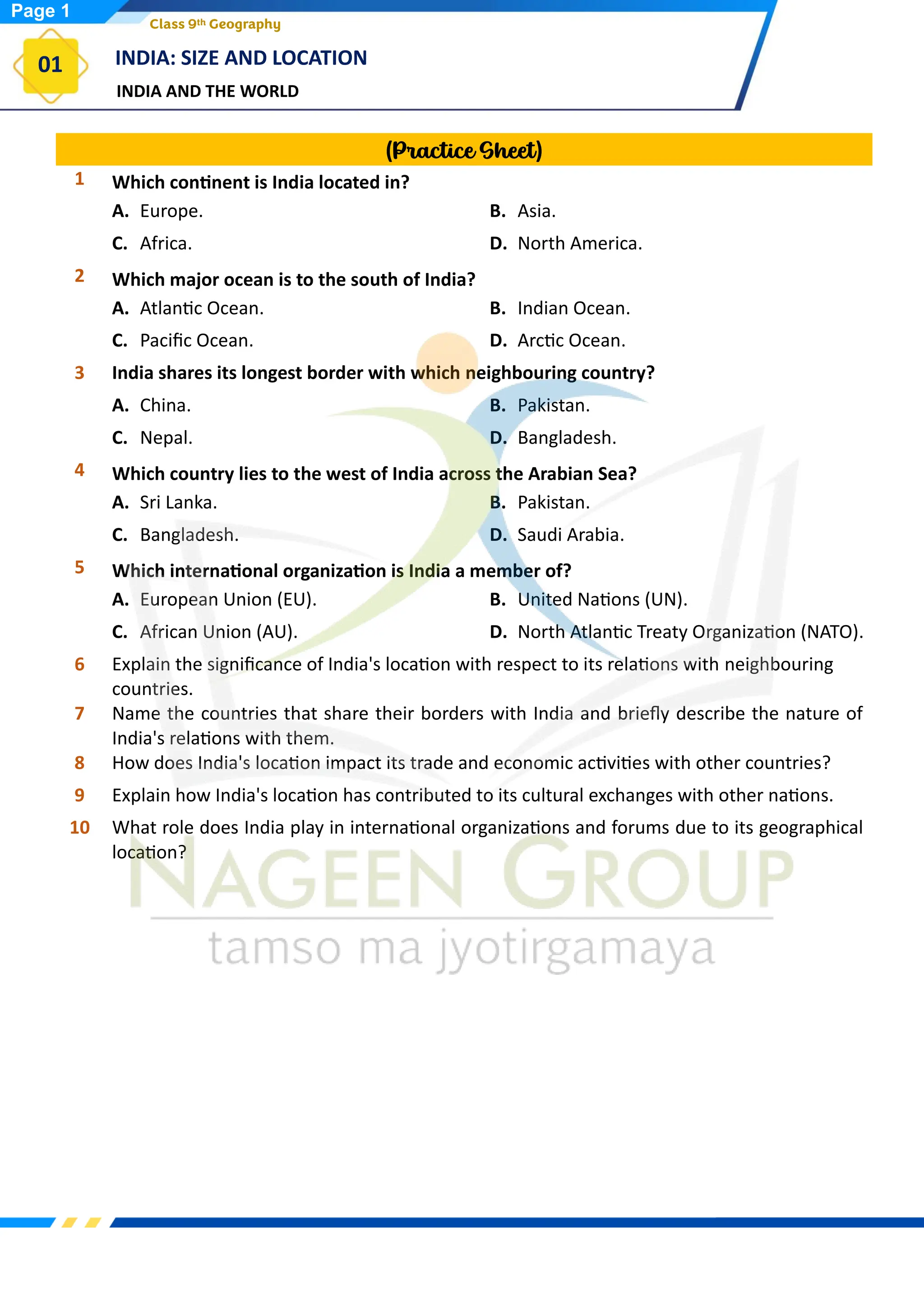 Class 9 Geography Chapter Wise Topic Wise Notes Chapter 1 India Size ...