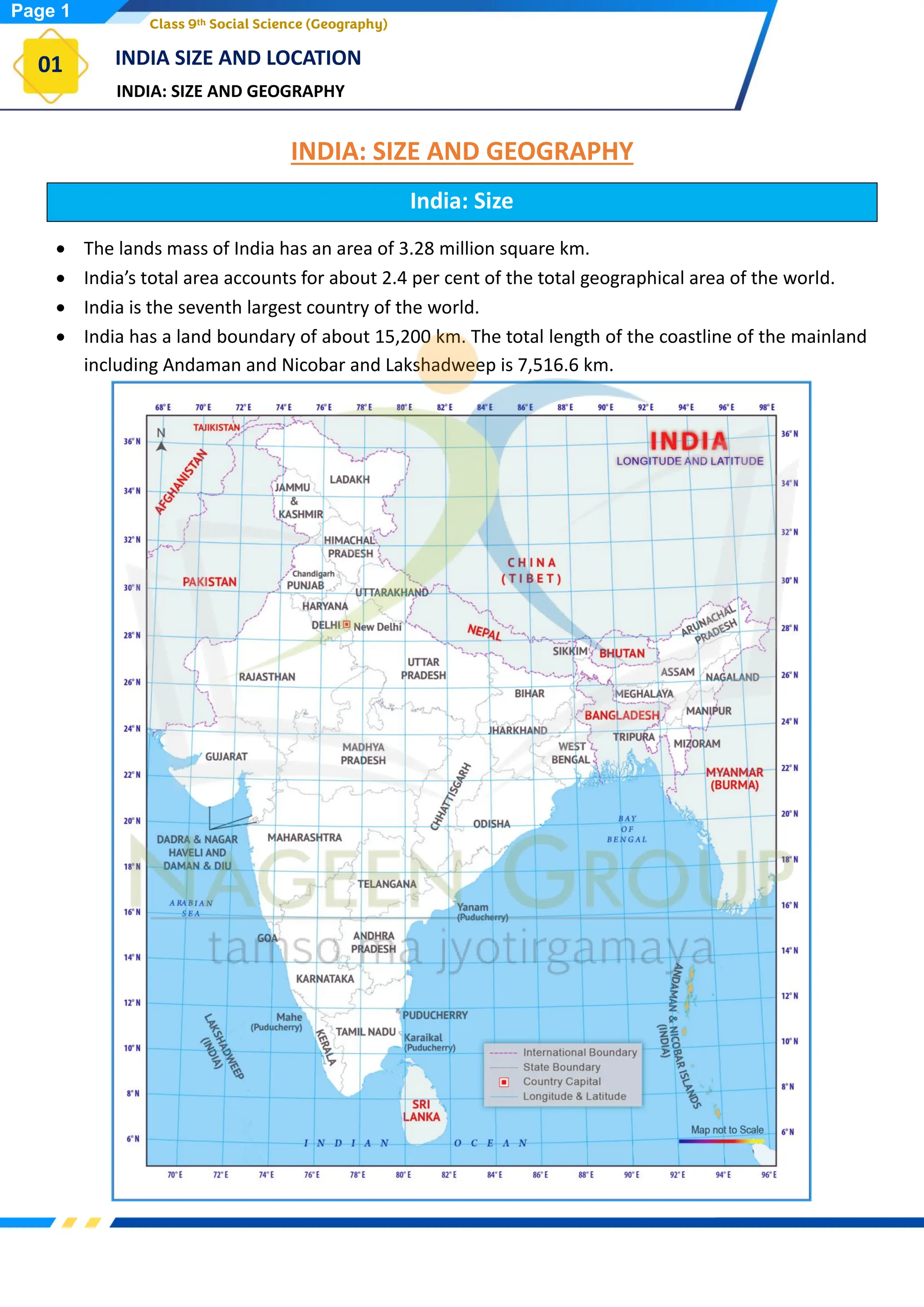 Class 9 Geography Chapter Wise Topic Wise Notes Chapter 1 India Size ...