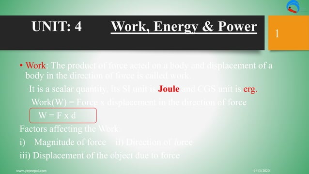 Work, Energy and Power - Unit 4 - Science (Class 9) | PPTX