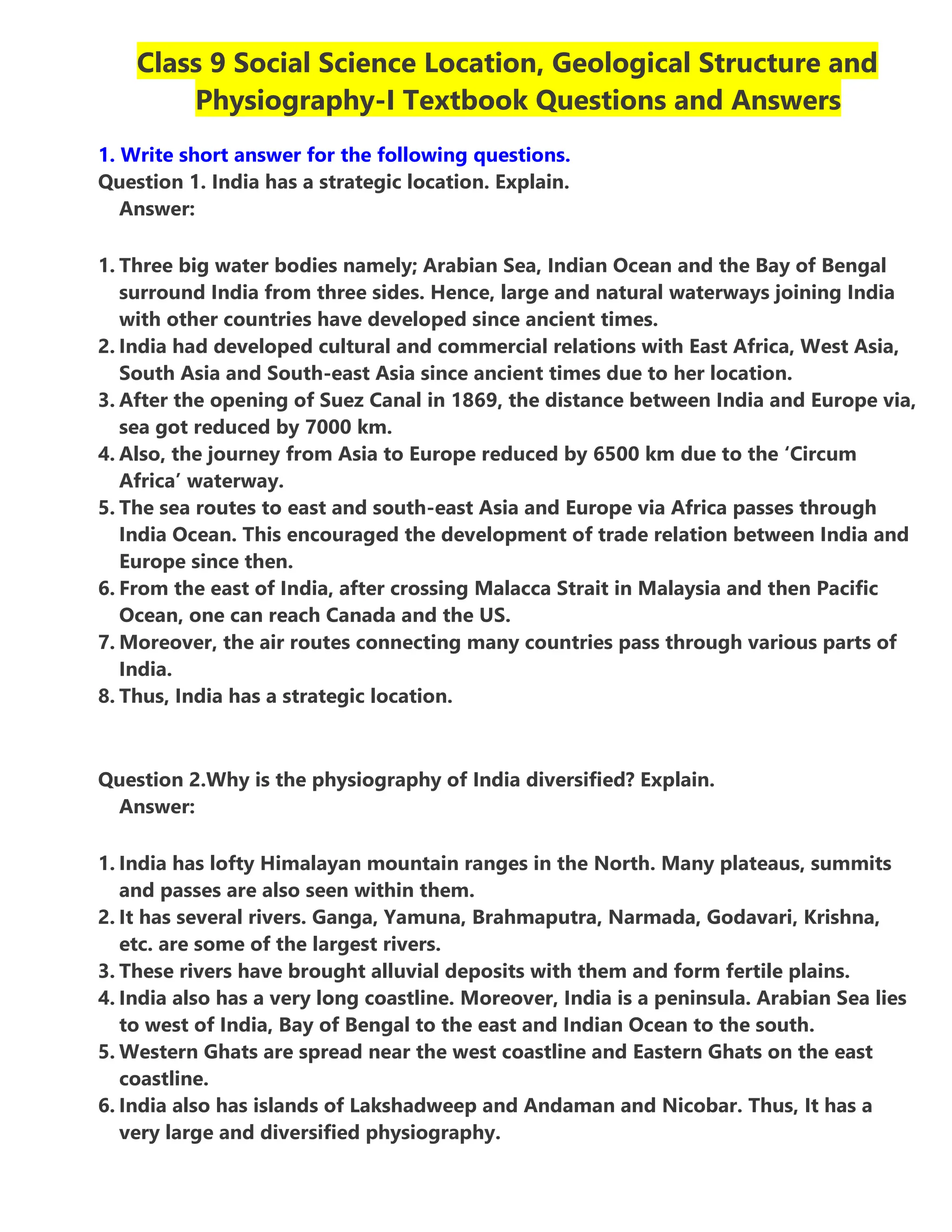 Class 9 Social Science Location, Geological Structure and Physiography ...