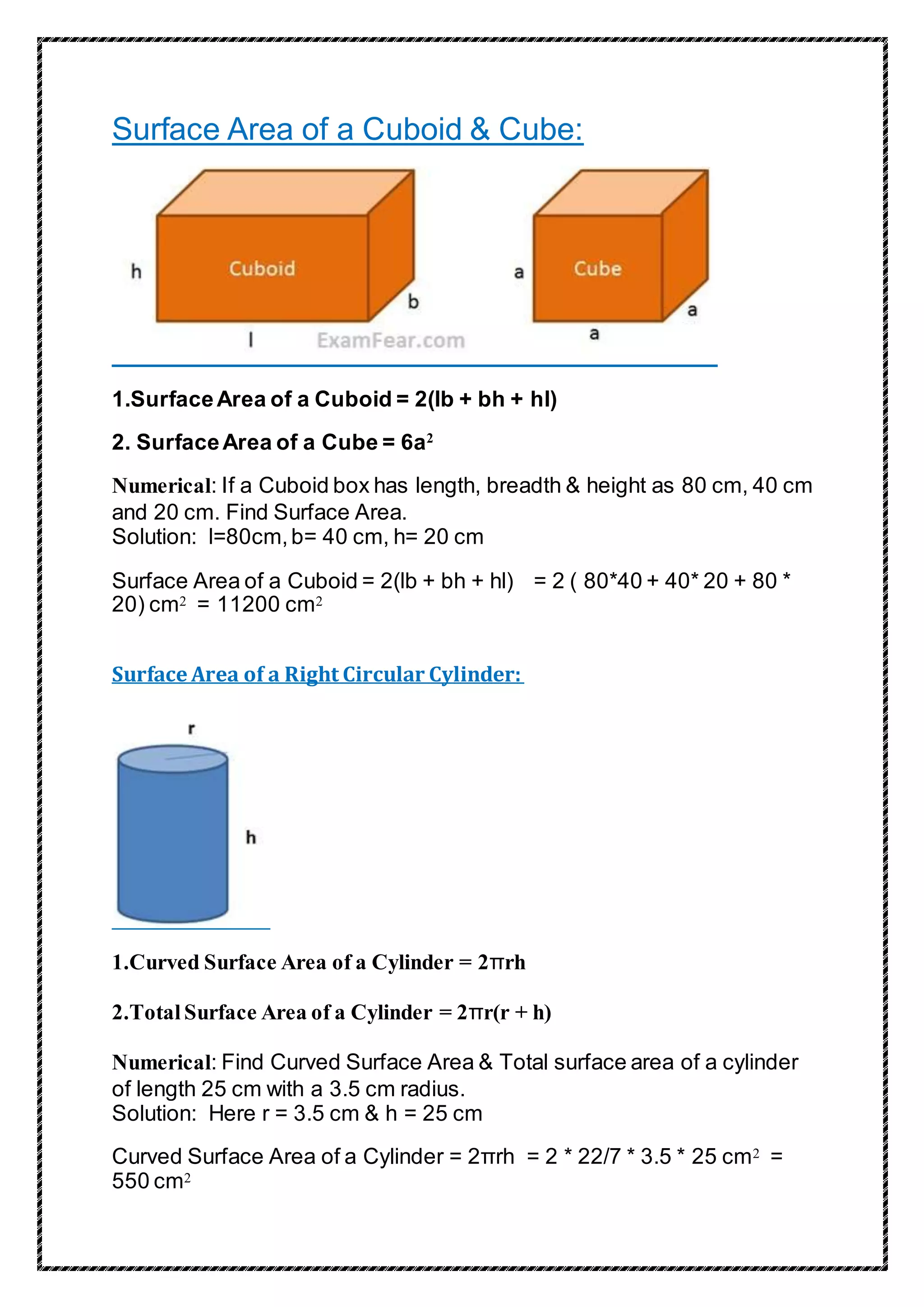 Class9 surface areas & volumes | DOCX