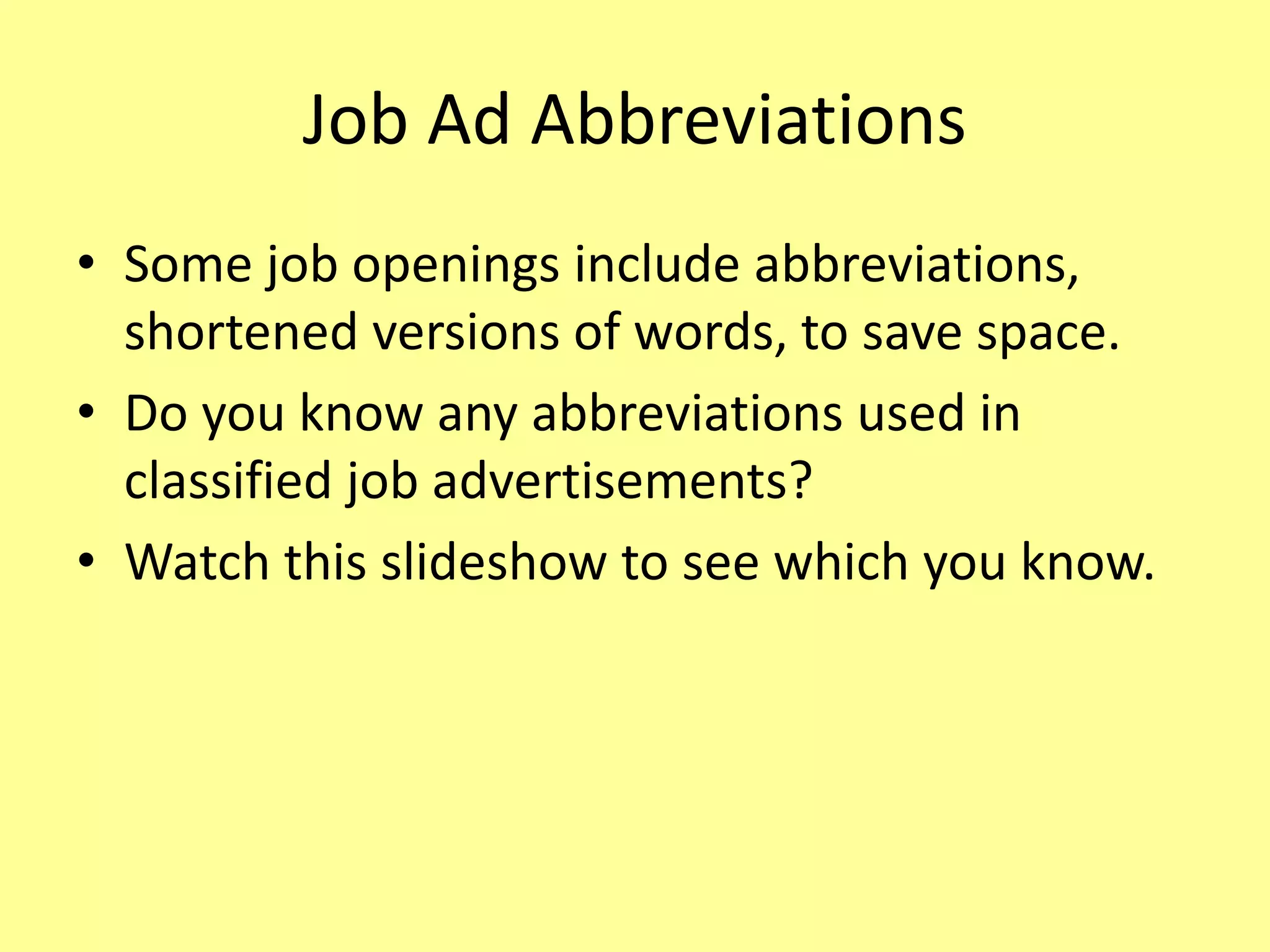 Abbreviations for Job Ads | PPT | Free Download
