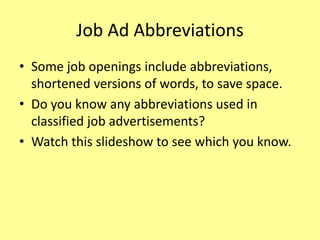 Abbreviations for Job Ads | PPT
