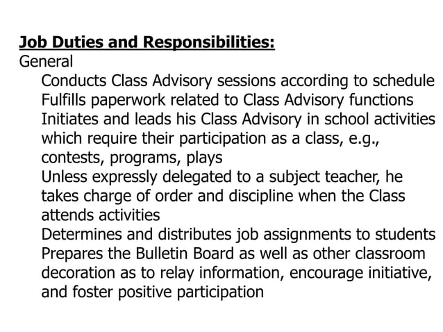 class adviser Job Description year 2024.ppt | Education