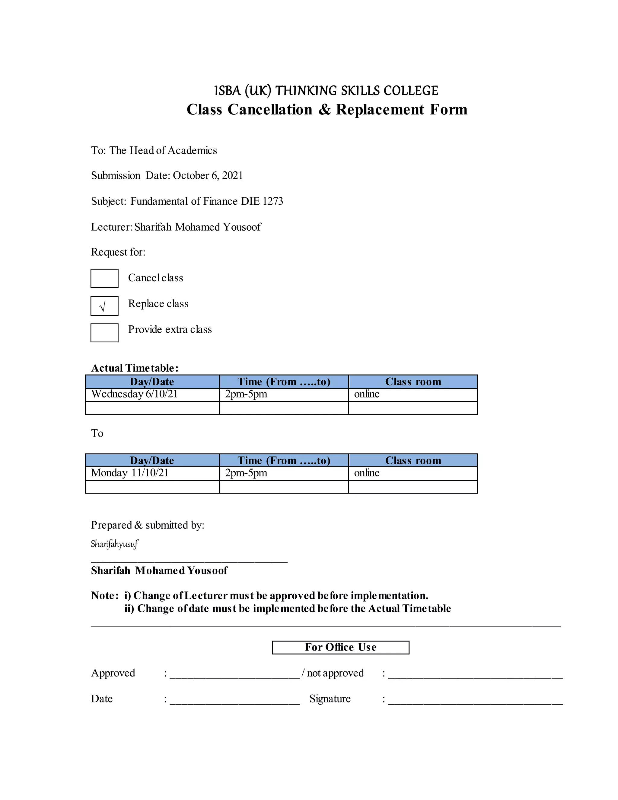 Class cancellation & replacement form | DOC | Homework and Study ...