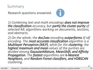 Classification and Clustering of arXiv Documents, Sections, and Abstracts, Comparing Encodings ...