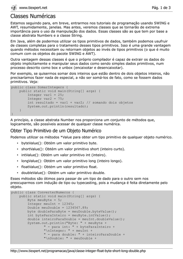 Classe Integer Float Byte Short Long Double Pdf