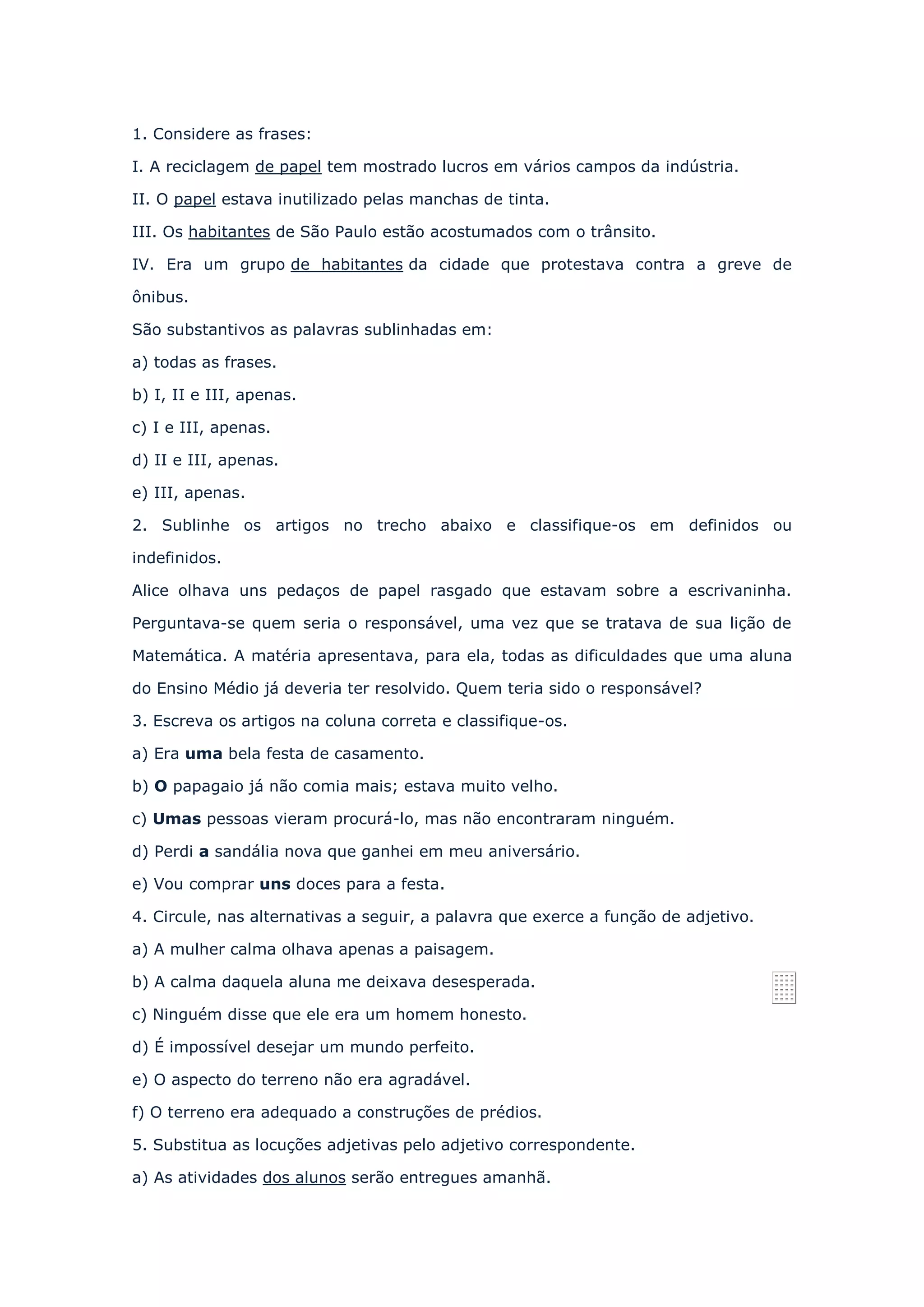 Classe de palavras exercícios | PDF