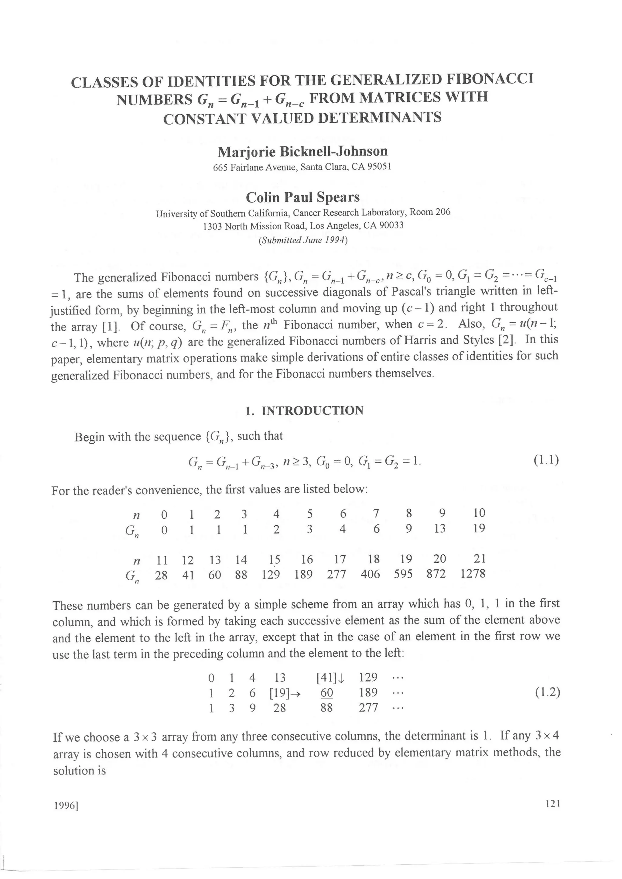 Classes Of Identities For The Generalized Fibonacci Pdf Physics