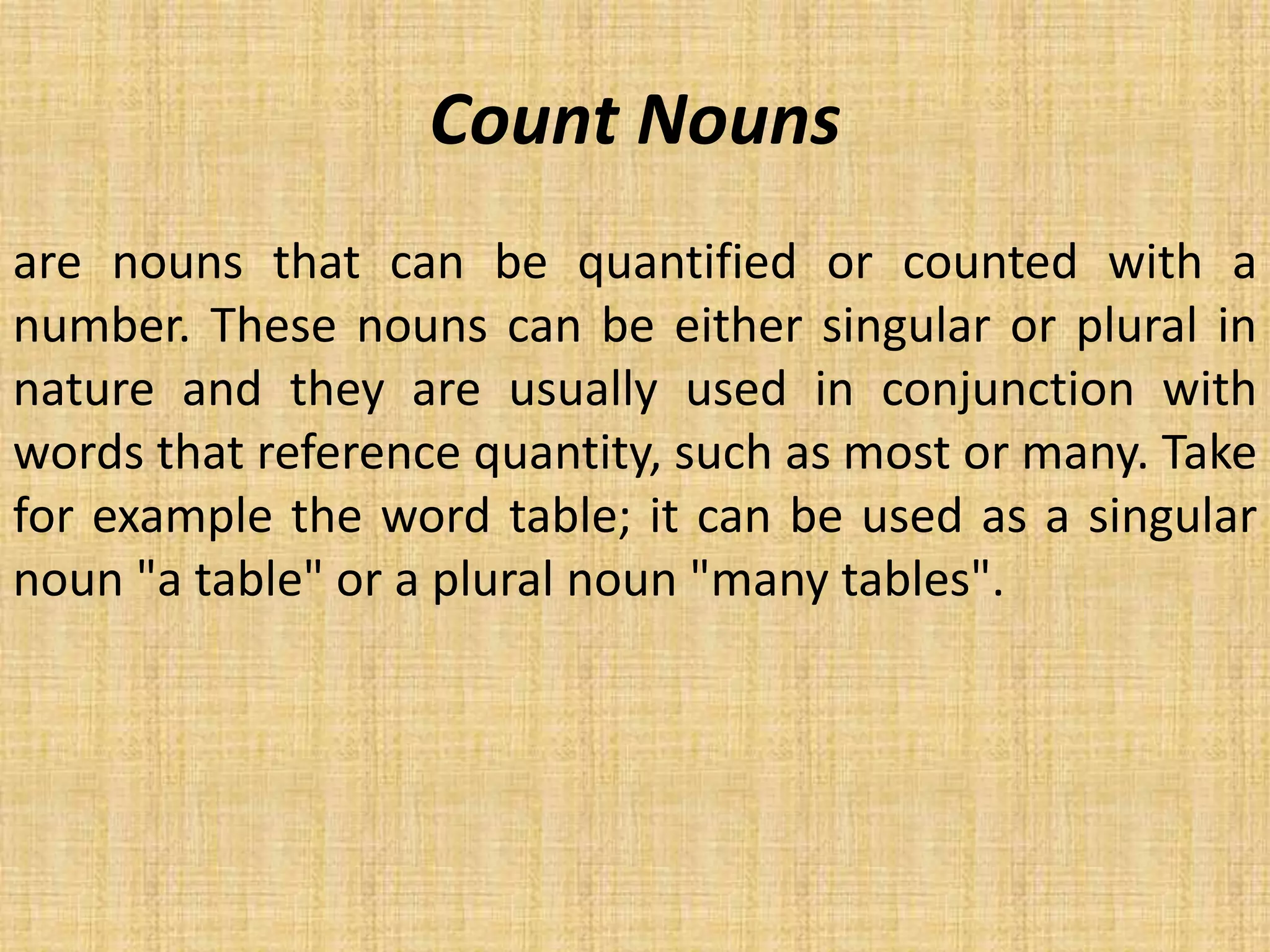 Classes of Nouns, subcategorization, Restriction in English | PPTX