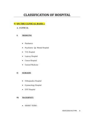 Classi. of hospital latest | DOC | Alternative Medicine | Wellness