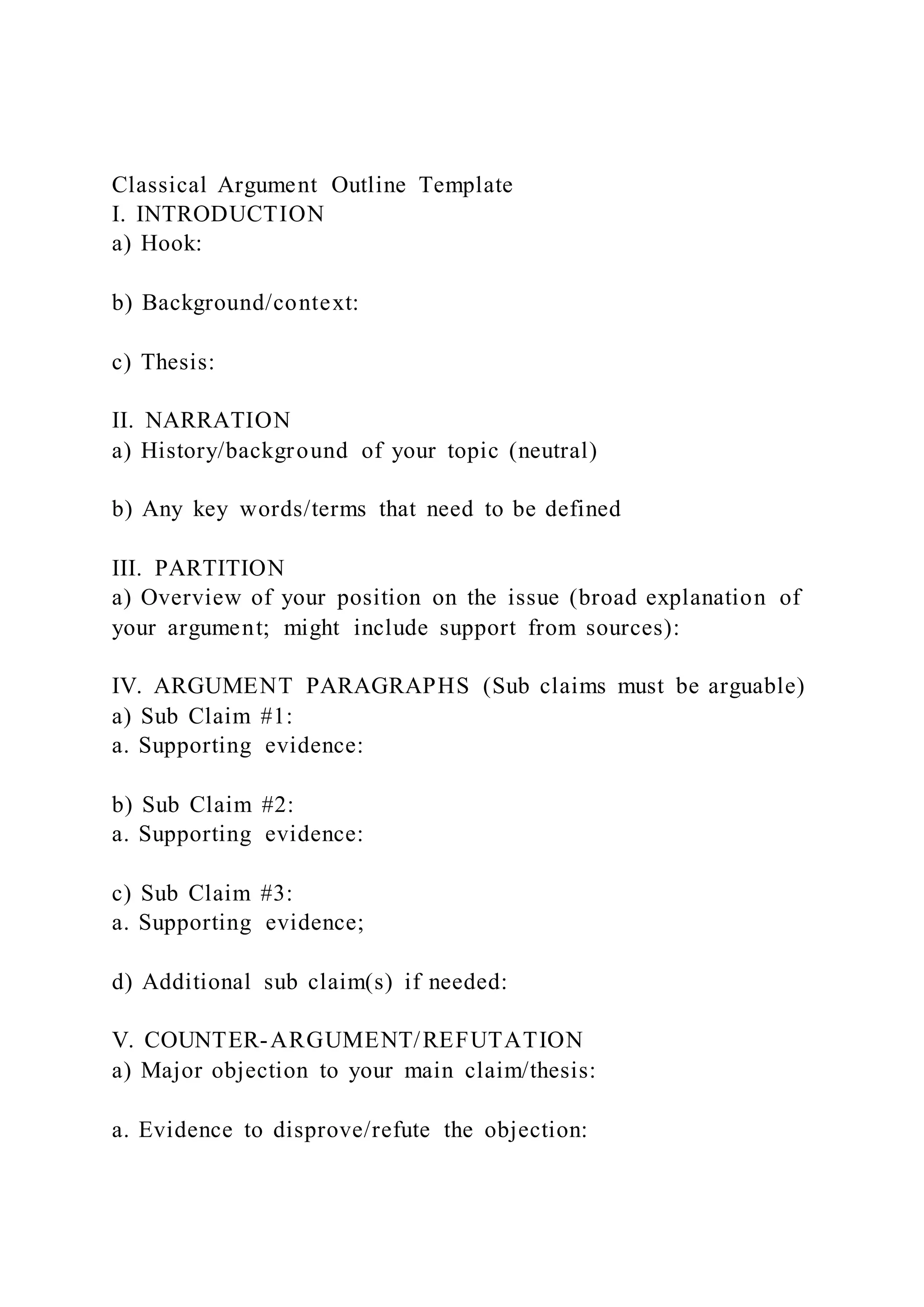 Classical Argument Outline TemplateI. INTRODUCTIONa) Hook | DOCX