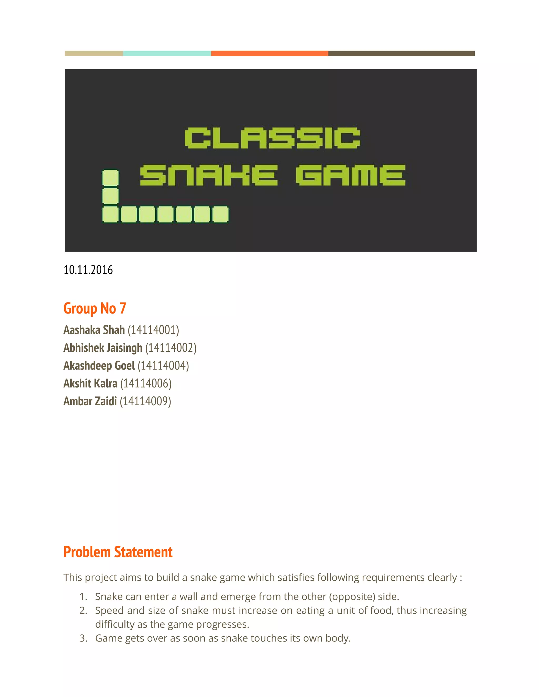 Snake Game Report | PDF