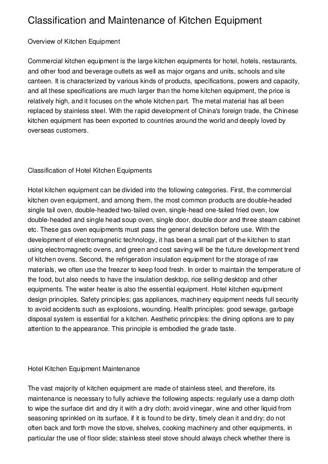 Classification and Maintenance of Kitchen Equipment