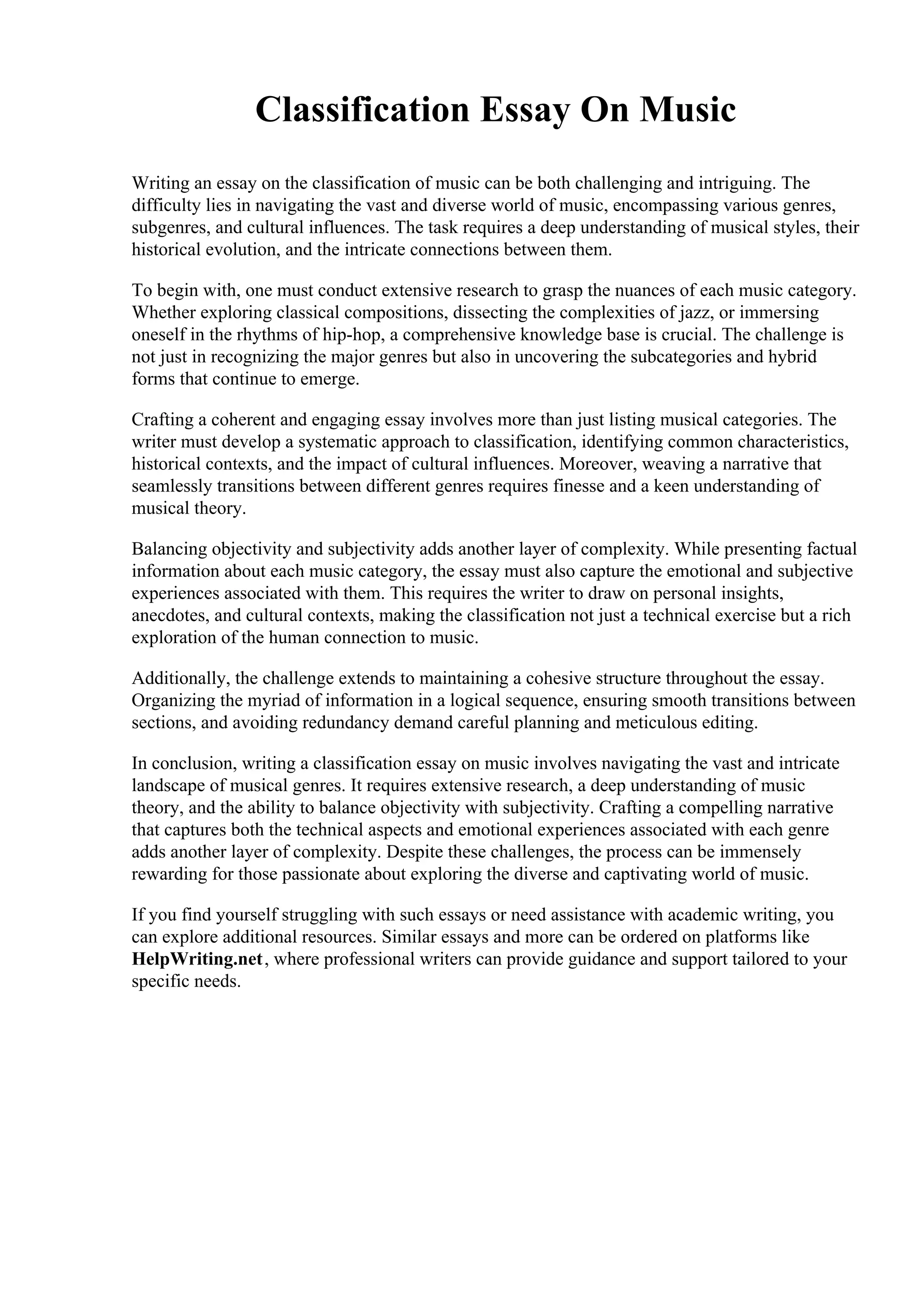 Classification Essay On Music. Bemidji State University | PDF