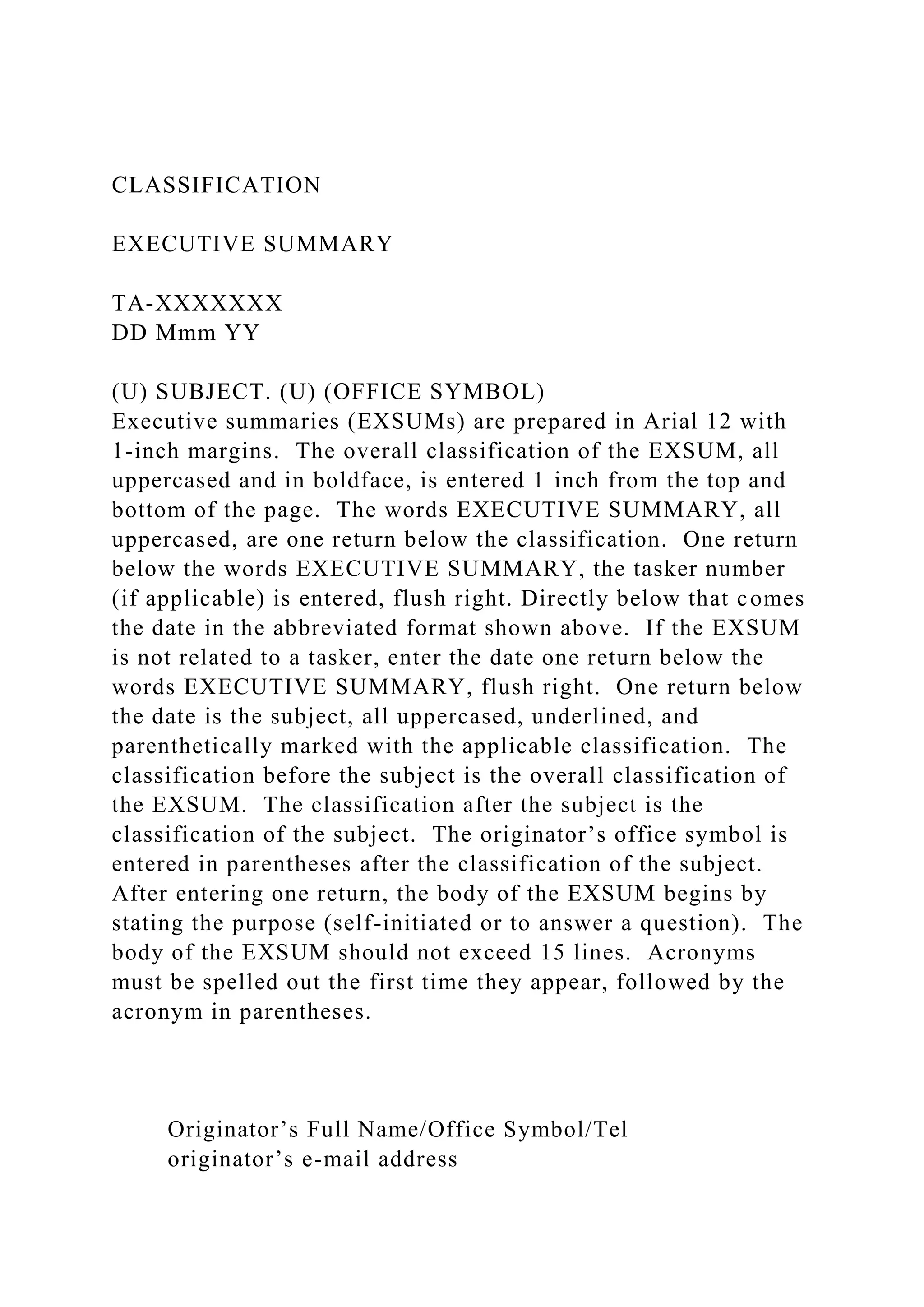 CLASSIFICATIONEXECUTIVE SUMMARYTA-XXXXXXXDD Mmm YY(U.docx