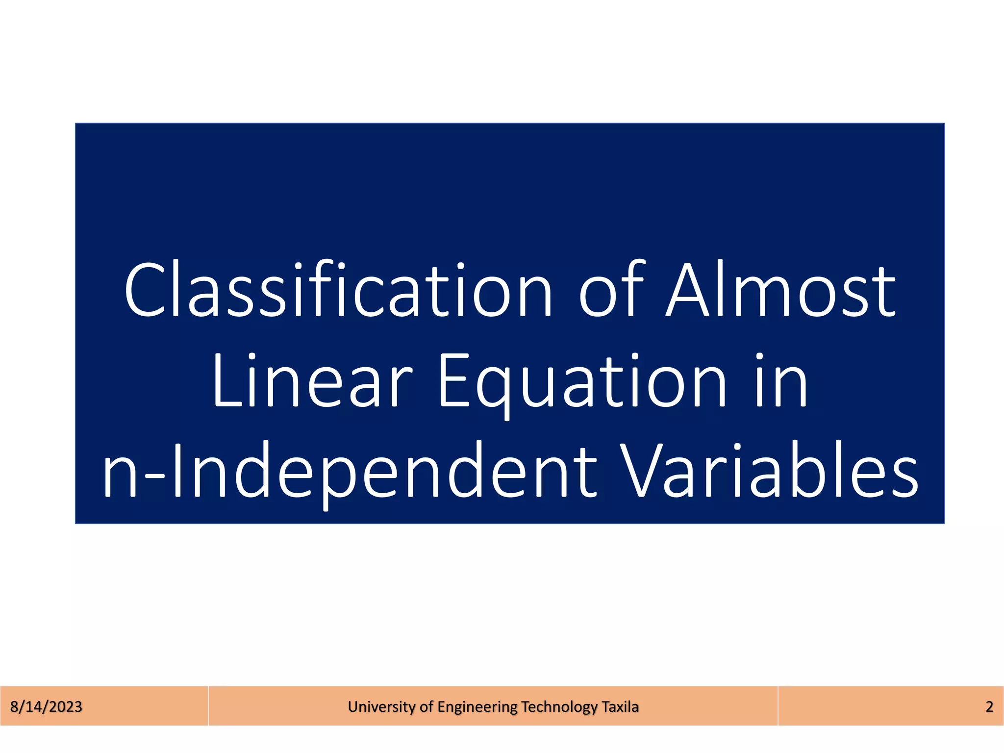 Classification of Almost Linear Equation in n-Independent 1111111 ...