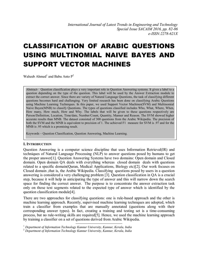 Classification of Arabic Questions Using Multinomial naive Bayes and Support Vector Machines ...