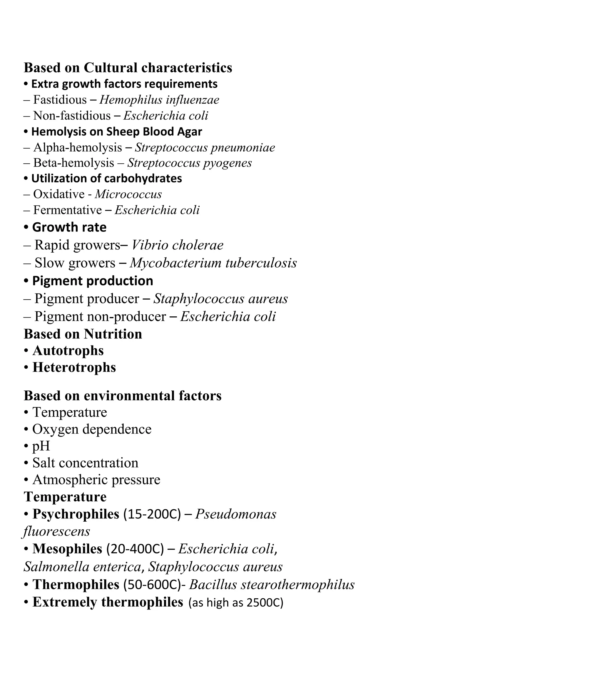 Classification of bacteria based on temperature, ph and oxygen ...