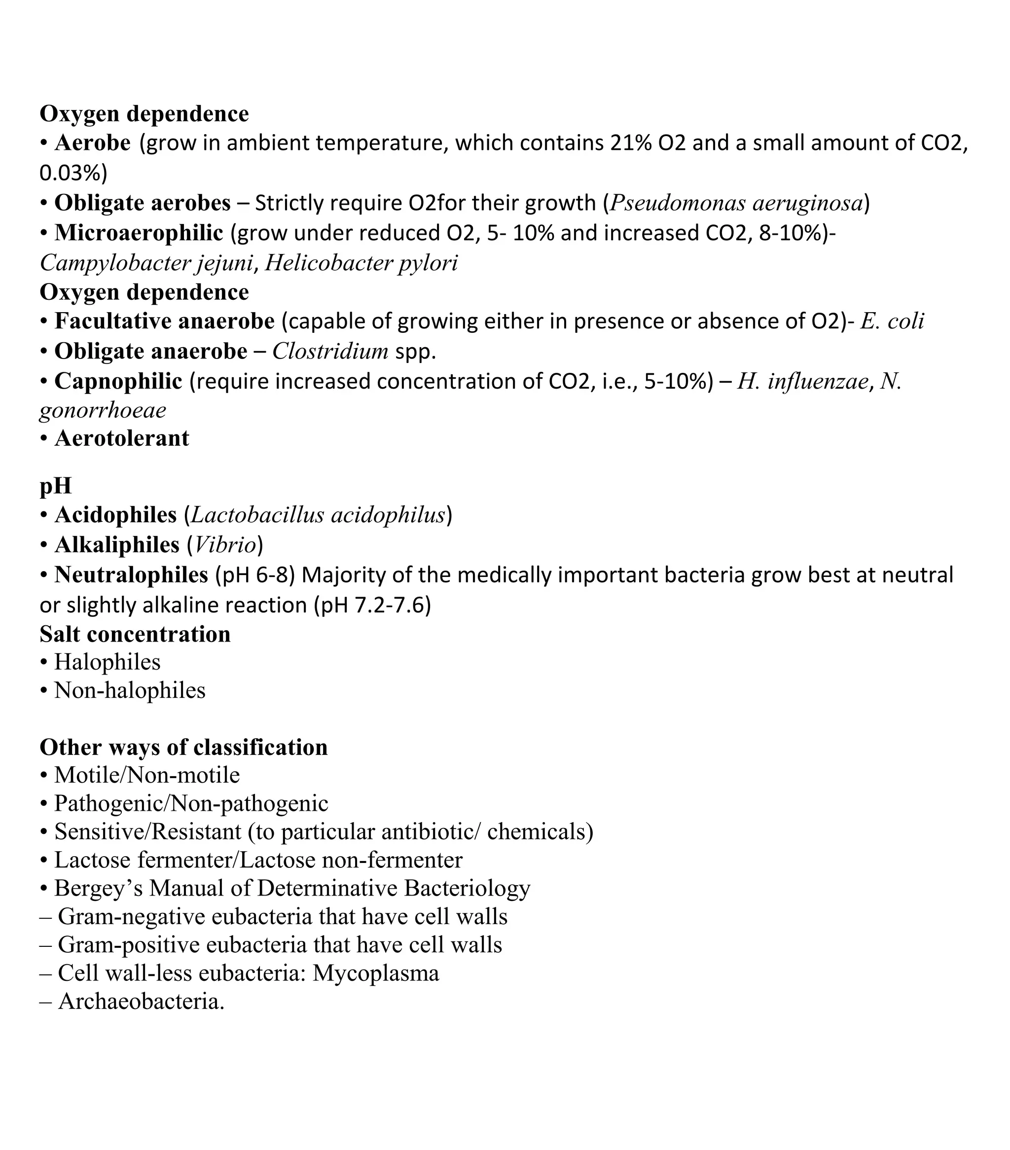 Classification of bacteria based on temperature, ph and oxygen ...