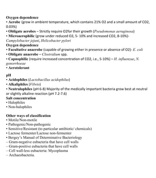 Classification of bacteria based on temperature, ph and oxygen ...