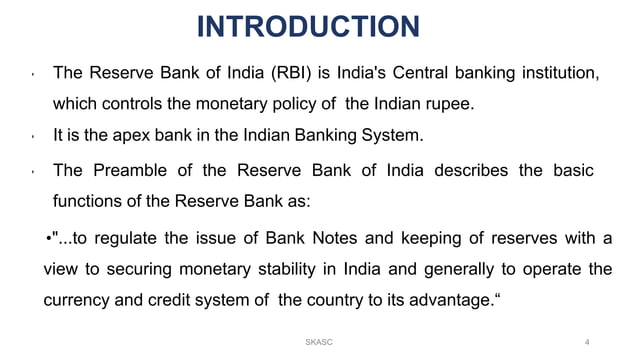 INTRODUCTION, HISTORY OF RBI AND CLASSIFICATION OF BANKS | PPT