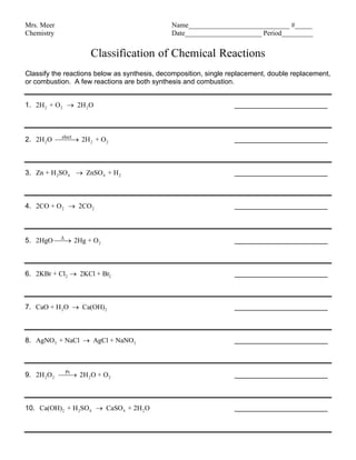 Classifying Reactions Worksheet