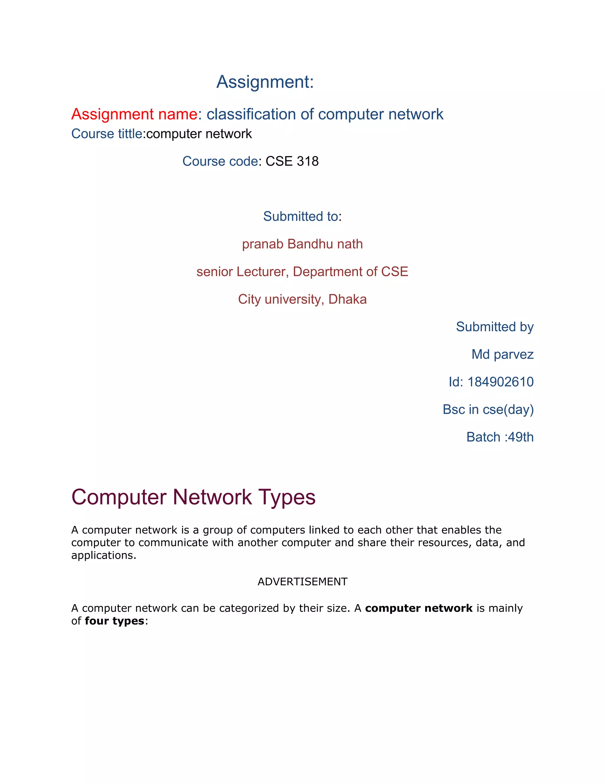Classification Of Computer Network Pdf Computer Networking Computing