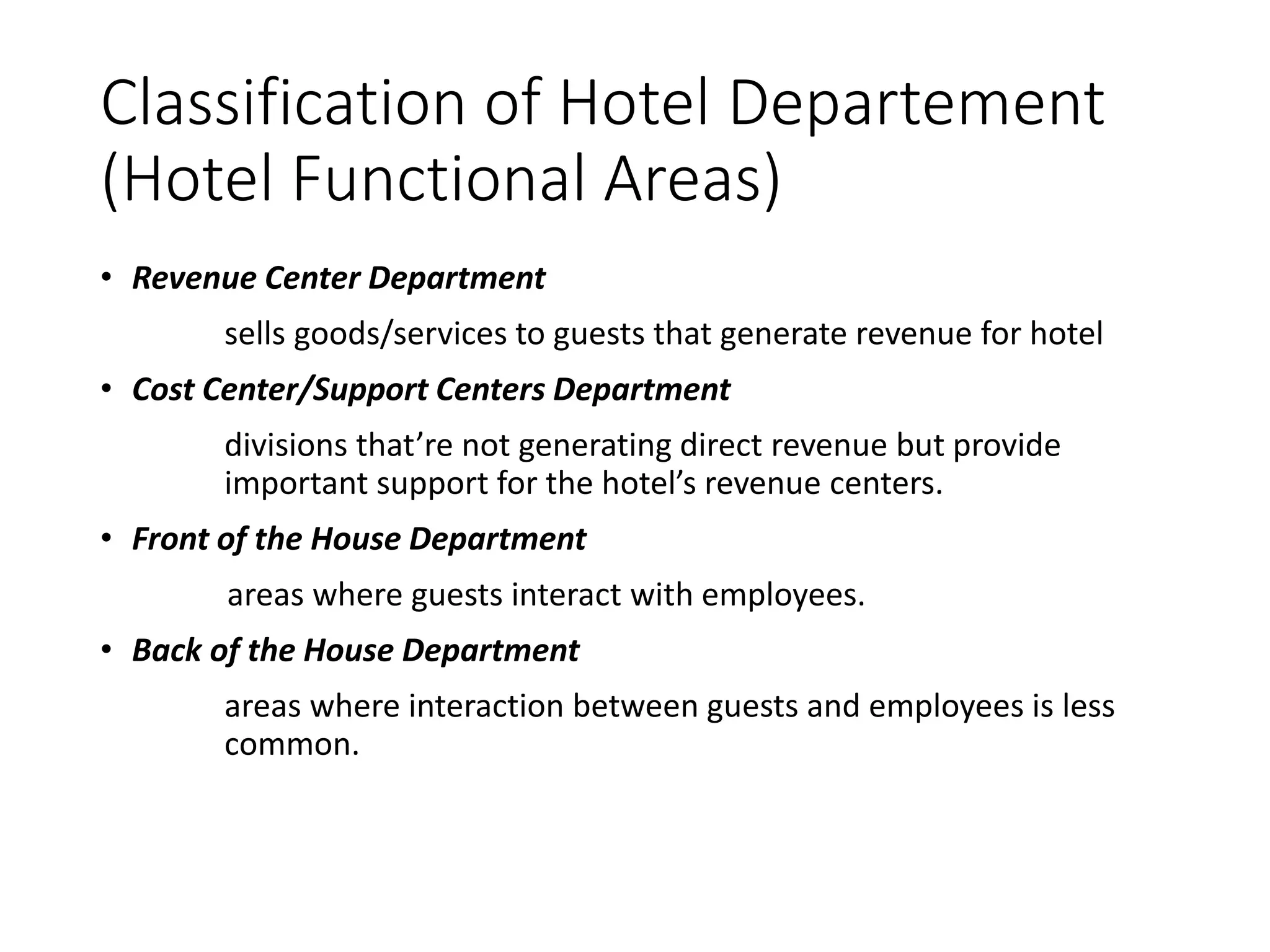 Classification of hotel departement | PPTX