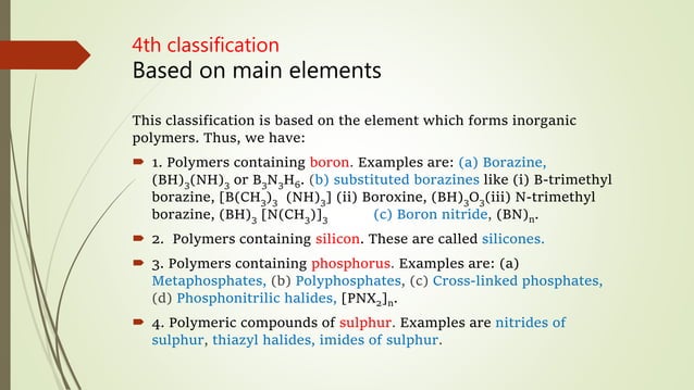Classification of inorganic polymers by Dr. Salma Amir | PPTX
