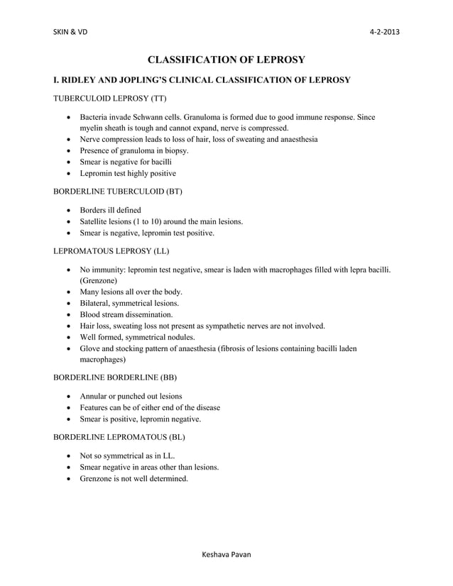 Classification of leprosy | PDF | Skin and Dermatology | Diseases and ...