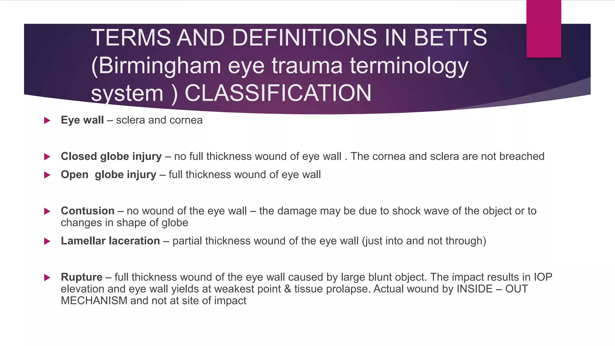 OCULAR TRAUMA - Classification of mechanical injuries, clinical ...