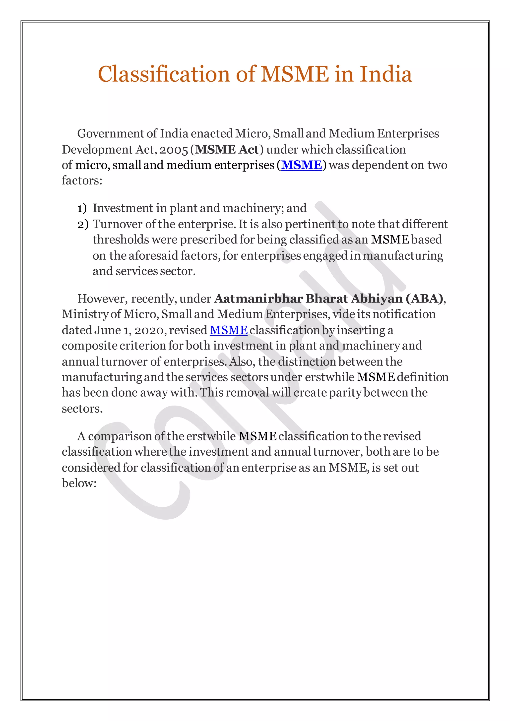 Classification of msme | DOCX