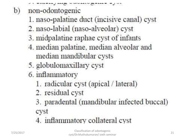 Classification of odontogenic cyst | PPTX | Dental Health | Diseases ...