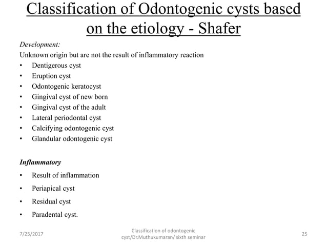 Classification of odontogenic cyst | PPTX | Dental Health | Diseases ...