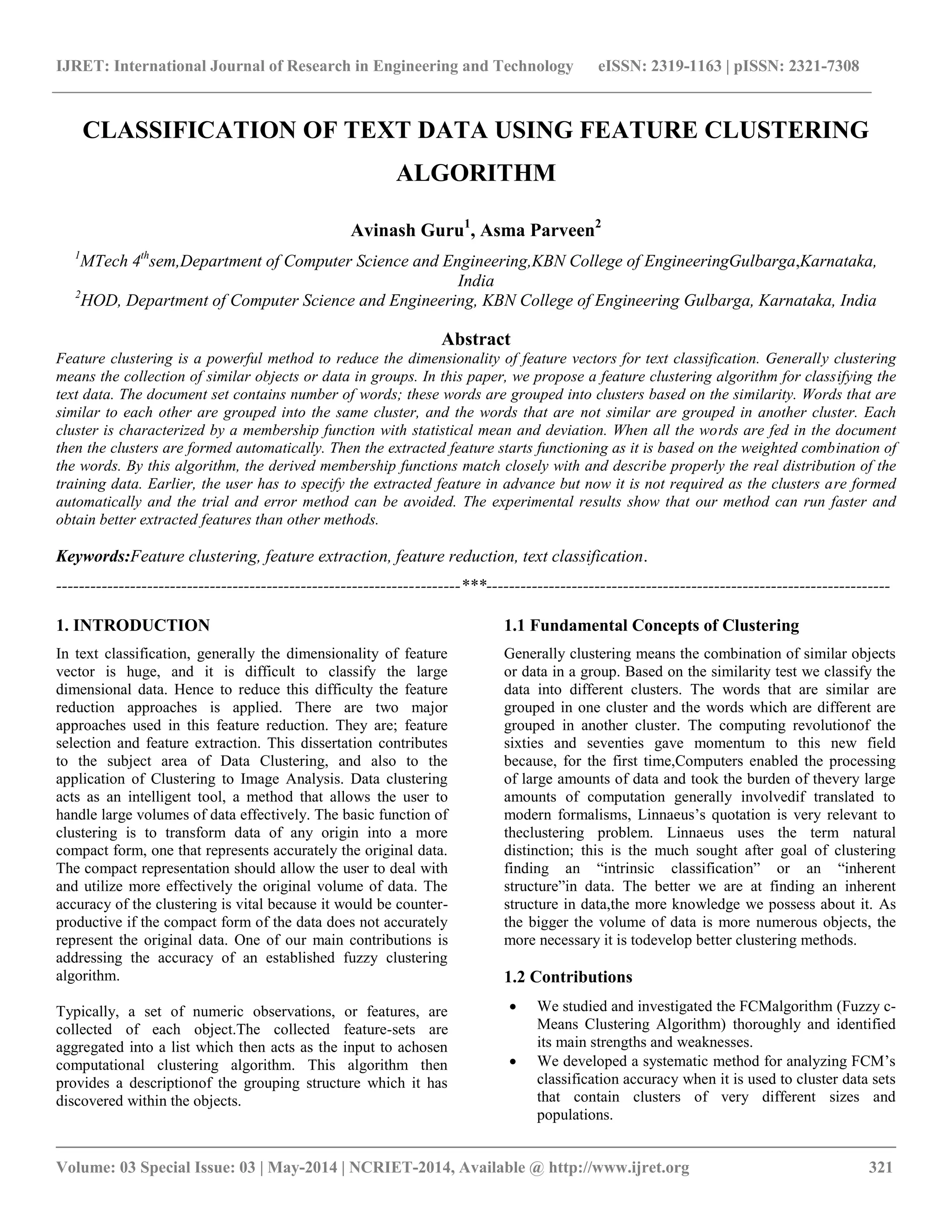 Classification Of Text Data Using Feature Clustering Algorithm Pdf