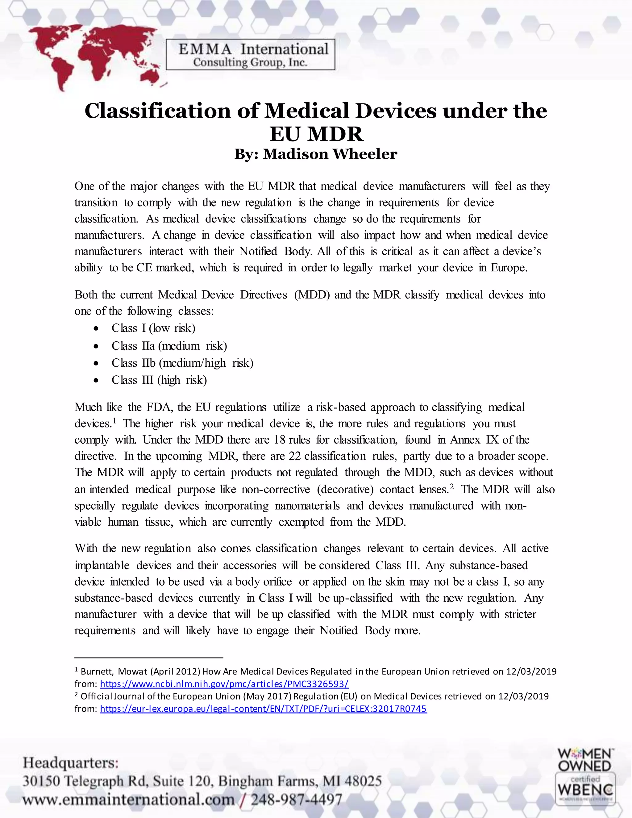 Classification of Medical Devices under the EU MDR | DOCX