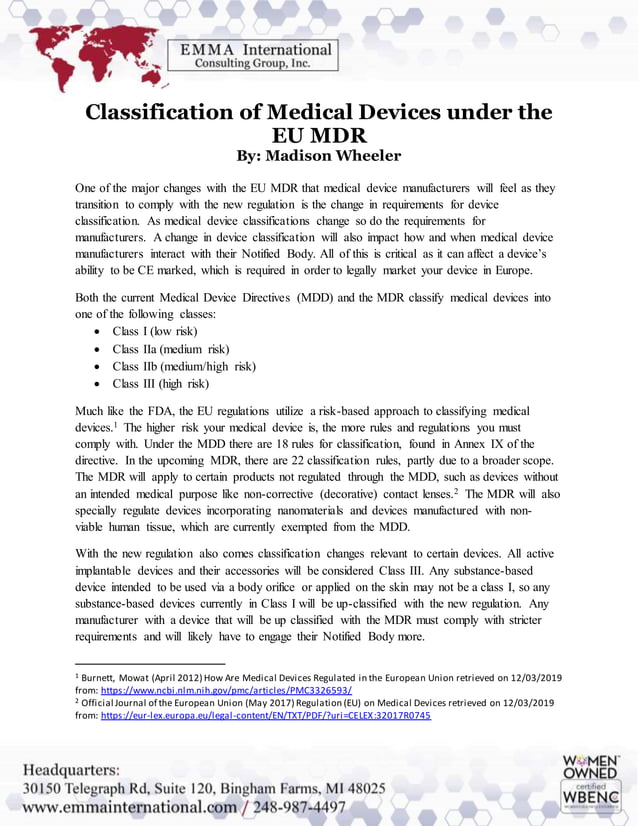 Classification of Medical Devices under the EU MDR | DOCX