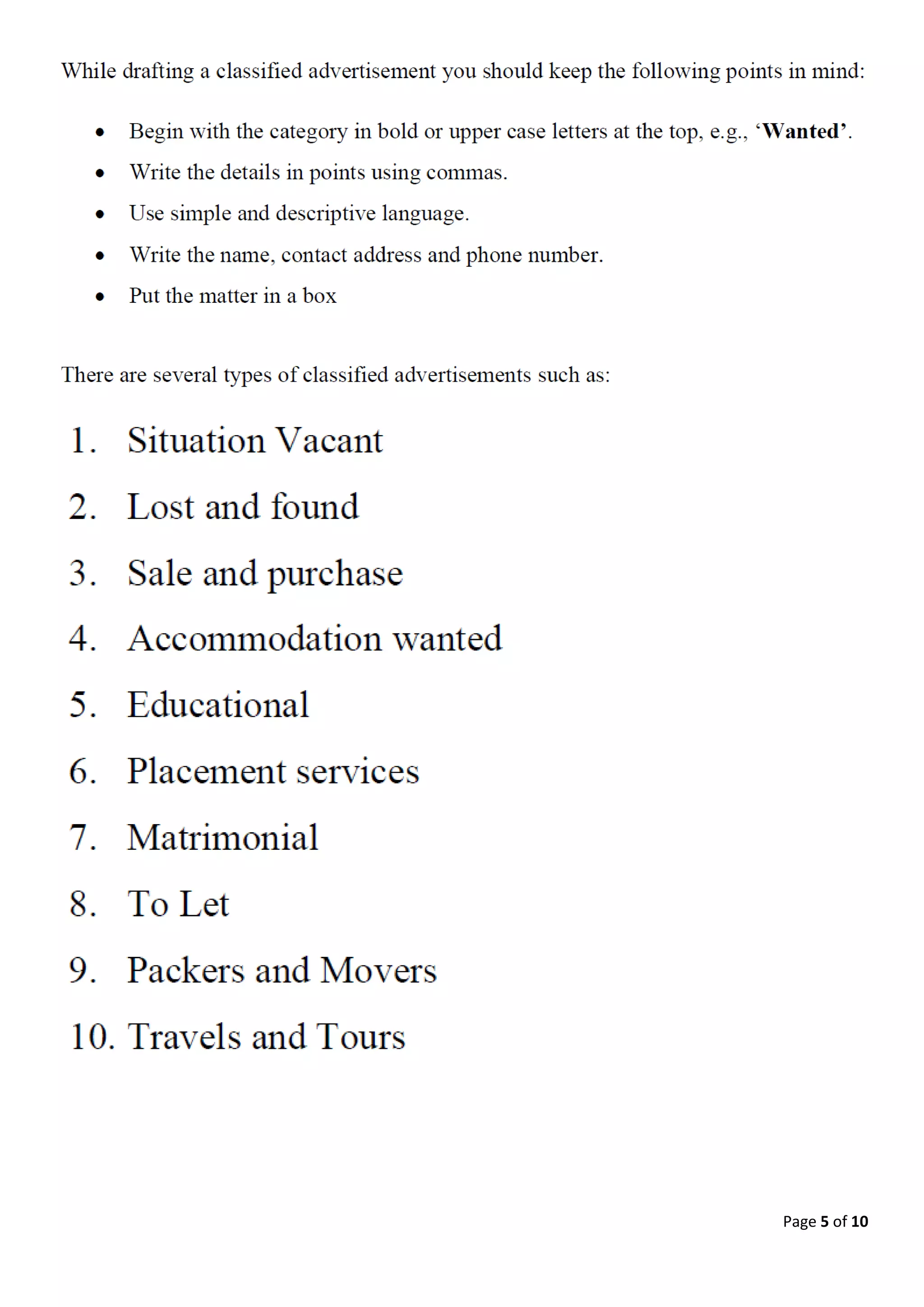 Classified Advertisements NOTES for Compositions | English CBSE XI, XII ...