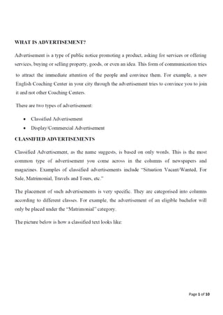 Classified Advertisements NOTES for Compositions | English CBSE XI, XII ...