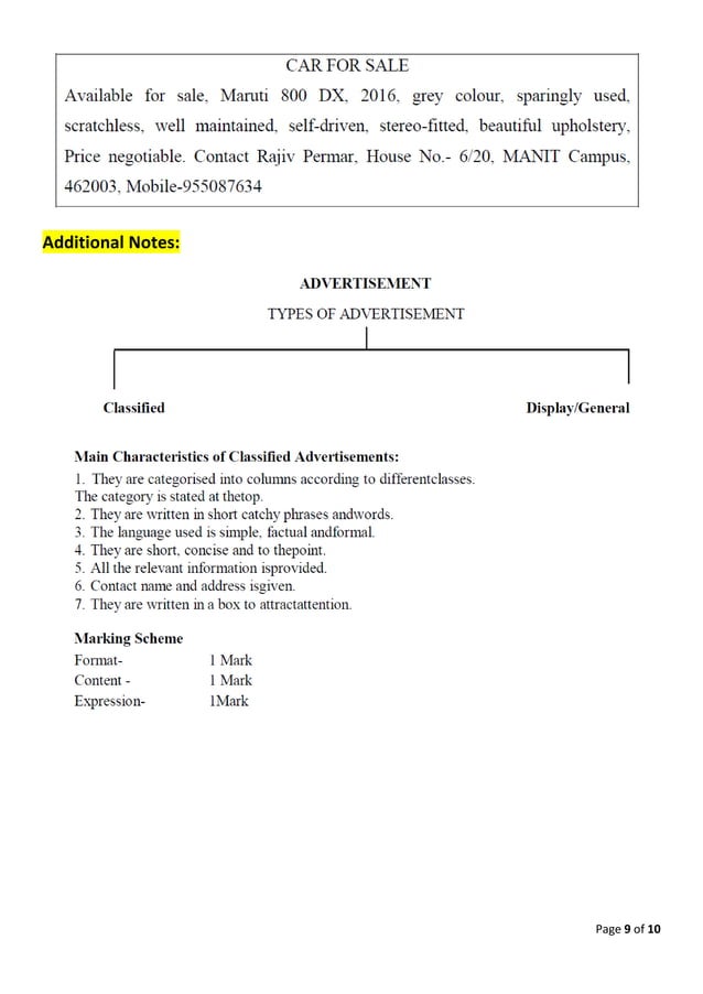 Classified Advertisements NOTES for Compositions | English CBSE XI, XII ...