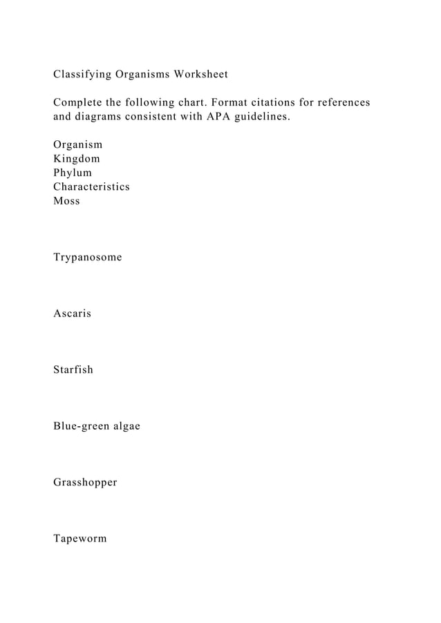 Classifying Organisms WorksheetComplete the following chart. For.docx